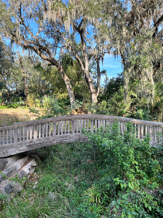 This arched garden bridge doesn't just span a ravine&mdash;it connects visitors to Florida's natural beauty beneath Spanish moss-draped oaks.