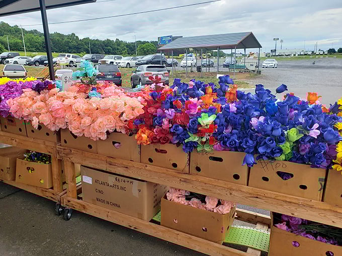 A rainbow explosion of artificial flowers stretches to the horizon&mdash;proof that in Tennessee, gardens can bloom in cardboard boxes.