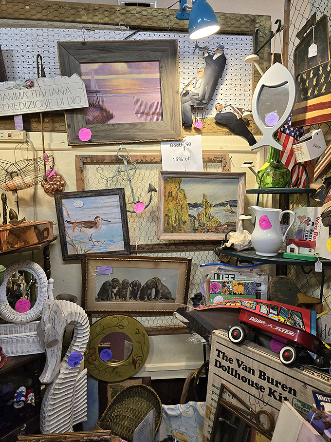 A coastal sunset, a wading bird, and a "Mamma Italiana" sign&mdash;this booth is what happens when your interests refuse to be categorized.