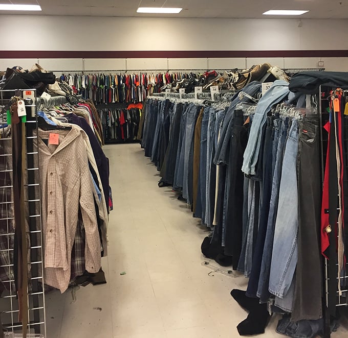 The clothing section goes on forever, like a fashion time machine set to "shuffle all decades."