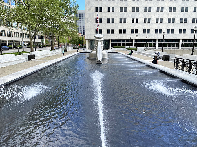 From this angle, you can appreciate how the reflecting pool mirrors the massive gavel, doubling the impact of justice&mdash;or at least doubling your Instagram opportunities.