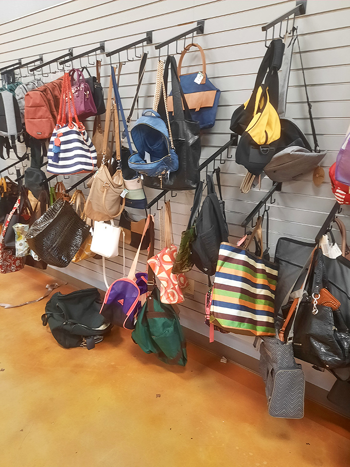 Handbag heaven! Designer totes and practical carryalls dangle like colorful fruit, each one holding secrets of previous shopping sprees and forgotten lipsticks.