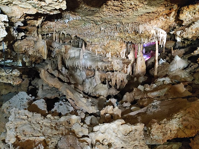 The cave ceiling appears to be dripping with stone daggers, a breathtaking display that's been in the making since woolly mammoths roamed above.