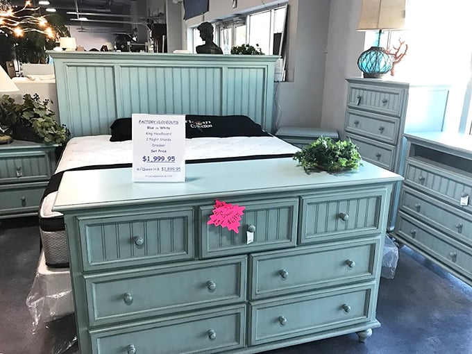 That seafoam bedroom set whispers "coastal elegance" louder than a seagull convention at sunrise over the Gulf of Mexico.