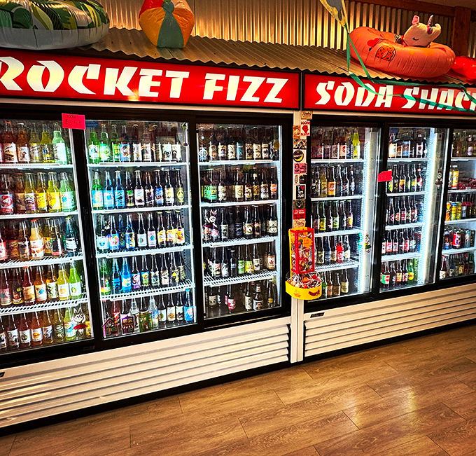 Rocket Fizz's wall of nostalgia in liquid form. More flavors than your childhood memories could possibly contain, all neatly refrigerated.