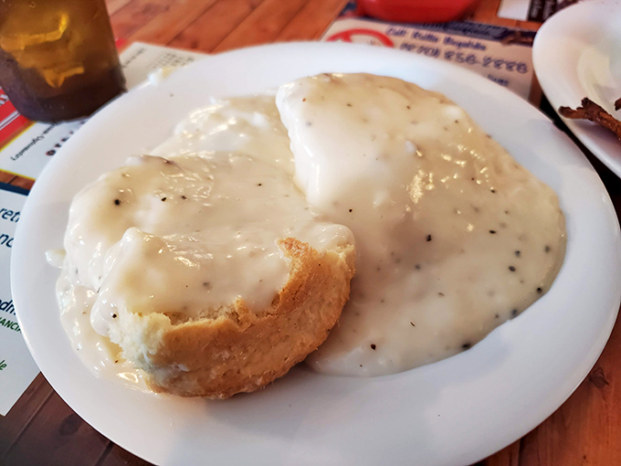 The holy grail of Southern comfort&mdash;biscuits swimming in pepper-flecked gravy that's thick enough to stand a spoon in. Diets beware.