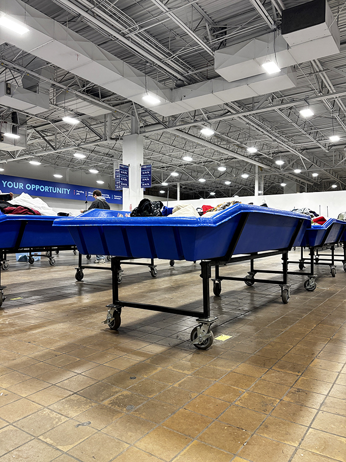 Behind the scenes, blue sorting bins await their turn in the retail spotlight. The thrift store equivalent of farm-to-table: donation-to-shelf.