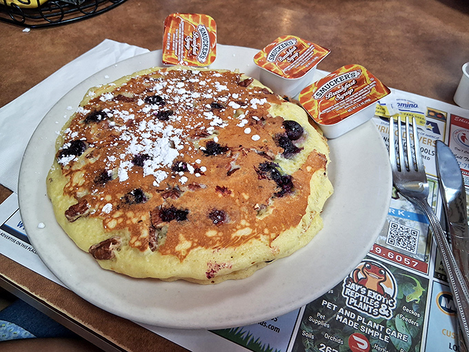Blueberry pancakes the size of vinyl records, with berries that pop like tiny flavor bombs. Worth every single calorie.