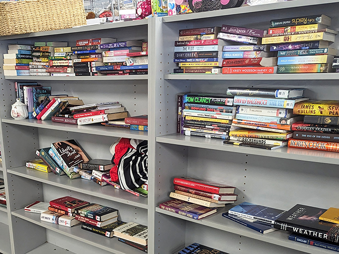 Books stacked like literary jenga&mdash;spy novels rubbing covers with cookbooks that know the secret to perfect gumbo. Knowledge for pennies! 