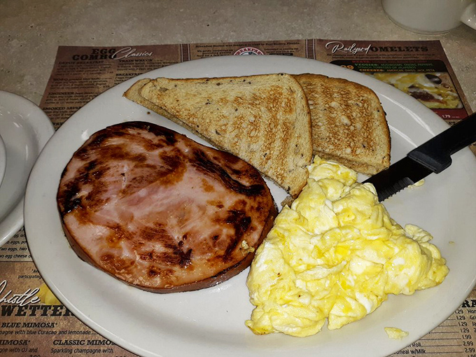 Simple perfection on a plate: golden toast, fluffy scrambled eggs with melted cheese, and bacon cooked to that magical point between crisp and chewy. Breakfast nirvana exists.