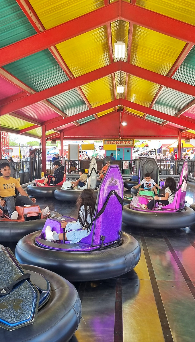 The bumper car arena explodes with color from ceiling to floor, where kids experience the only traffic jam they'll ever enjoy.
