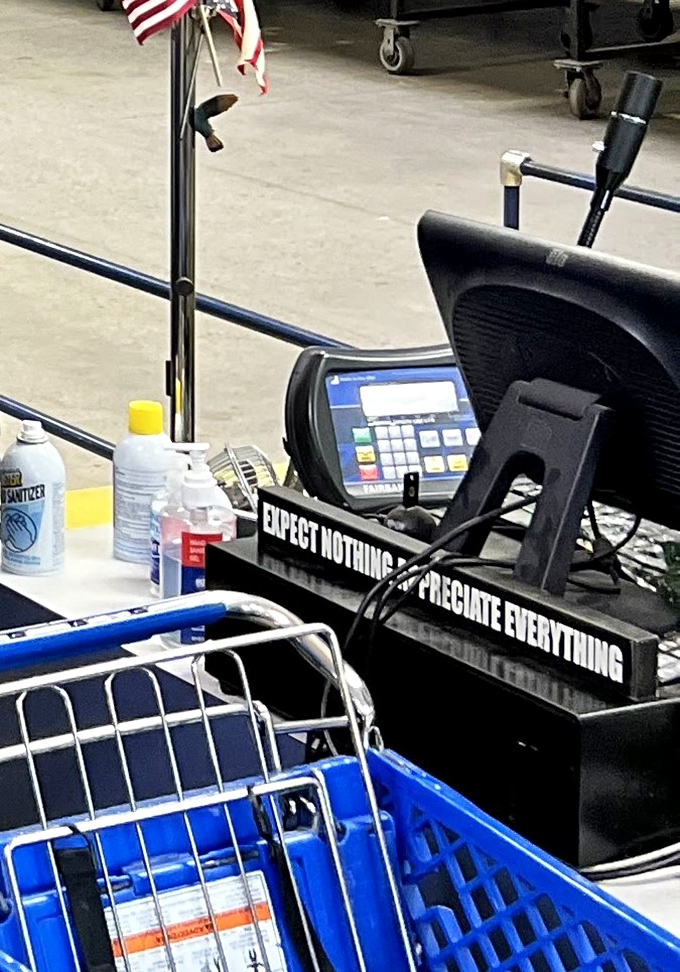 The checkout counter's philosophy says it all: "Expect Nothing, Appreciate Everything"—the perfect thrifter's mantra.