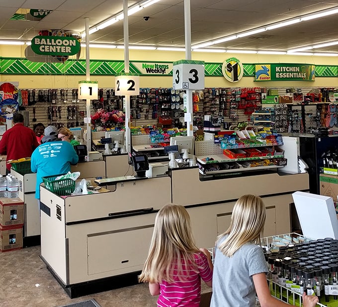 The checkout area&mdash;where friendly faces and balloon services transform your bargain quest into a complete shopping experience.