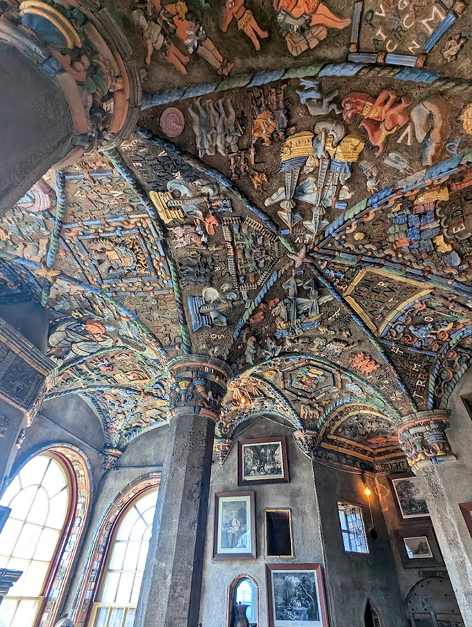 Look up! The ceiling tells stories in tile&mdash;a kaleidoscopic comic book from another era where every panel was crafted by hand.