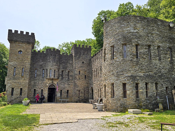 Sunlight plays across the honey-colored stonework, highlighting the castle's impressive silhouette against Ohio's decidedly un-medieval suburban backdrop.