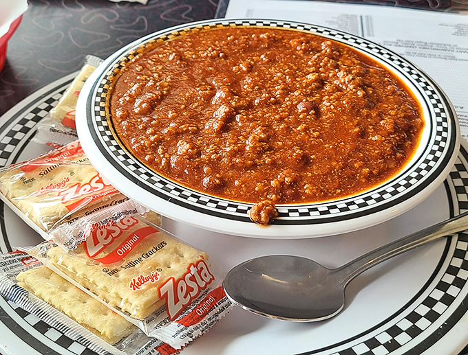 This isn't just chili&mdash;it's a warm hug in a bowl, complete with those little oyster crackers that disappear too quickly.