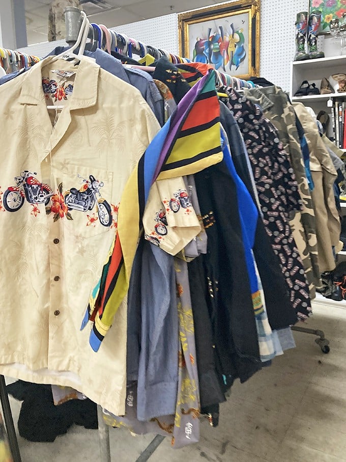 Hawaiian shirts with motorcycles? Striped scarves from another era? Your next conversation starter hangs right here, waiting for its second act.