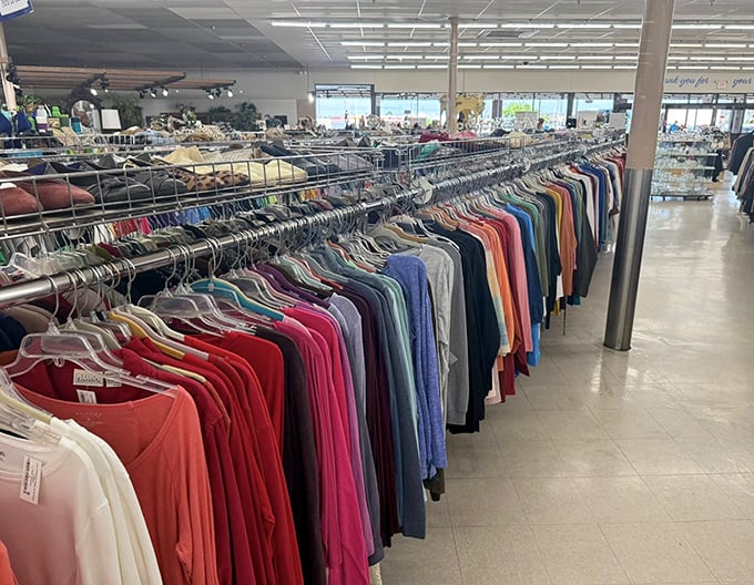 A rainbow of possibilities hanging in perfect order. More organized than my closet has ever been in its wildest dreams. 