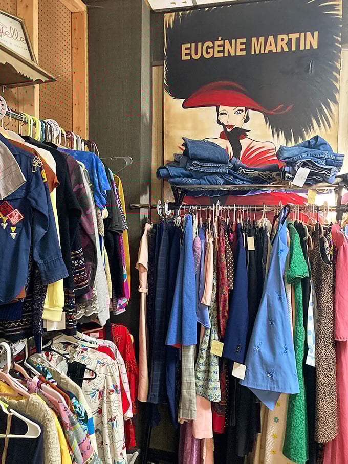 Fashion from another era hangs patiently, waiting for new life. That Eug&egrave;ne Martin poster alone is worth the visit&mdash;pure mid-century glamour!