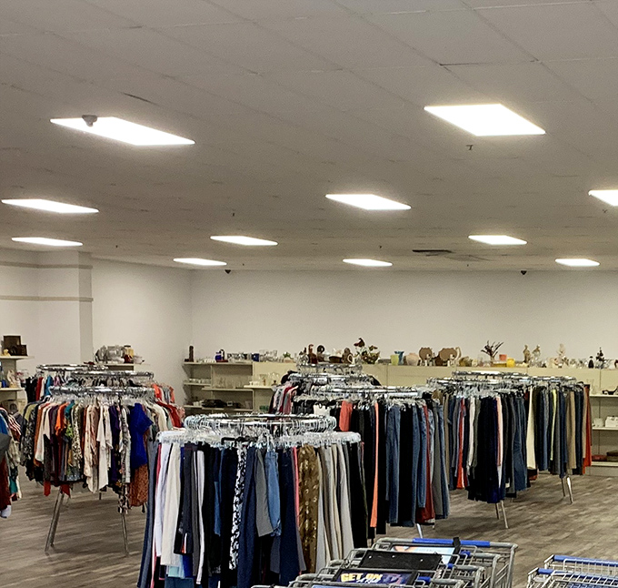 Circular racks create a kaleidoscope of colors and patterns, where yesterday's fashion statements await their second chance to shine.