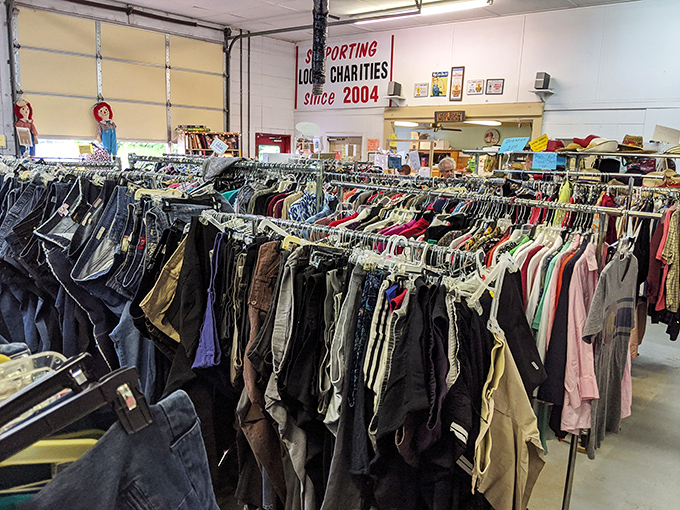 The clothing section stretches as far as the eye can see. Each garment waits patiently for its second act—proof that sustainable fashion existed long before it became trendy.
