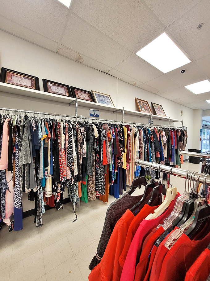 The clothing section: organized by color for the visually-inclined shopper. Like a rainbow of fashion possibilities, each hanger holds potential for your next signature look.