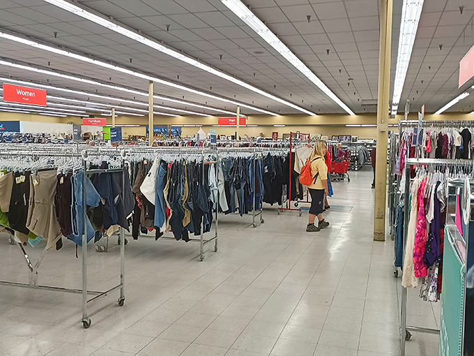 The clothing section stretches seemingly to infinity, a textile time machine where yesterday's fashions await tomorrow's trendsetters.