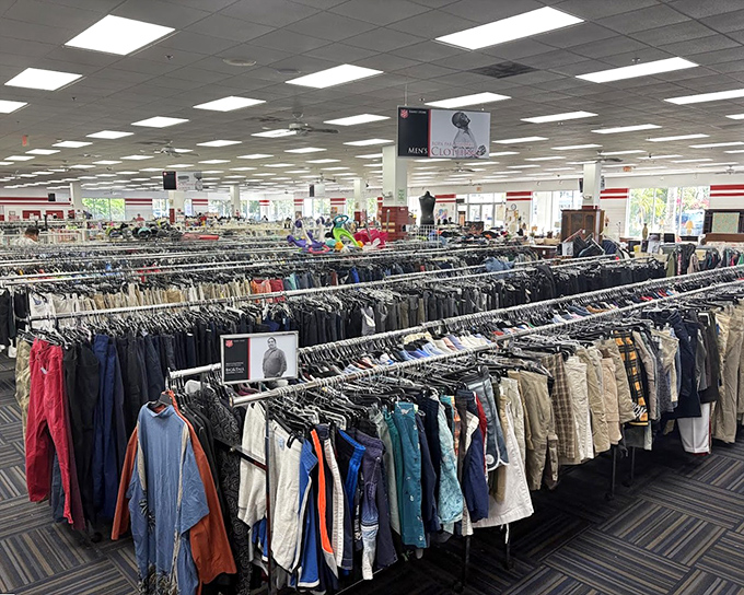 The clothing section stretches to the horizon like a textile sea. Somewhere in this ocean of options is the perfect vintage Hawaiian shirt.