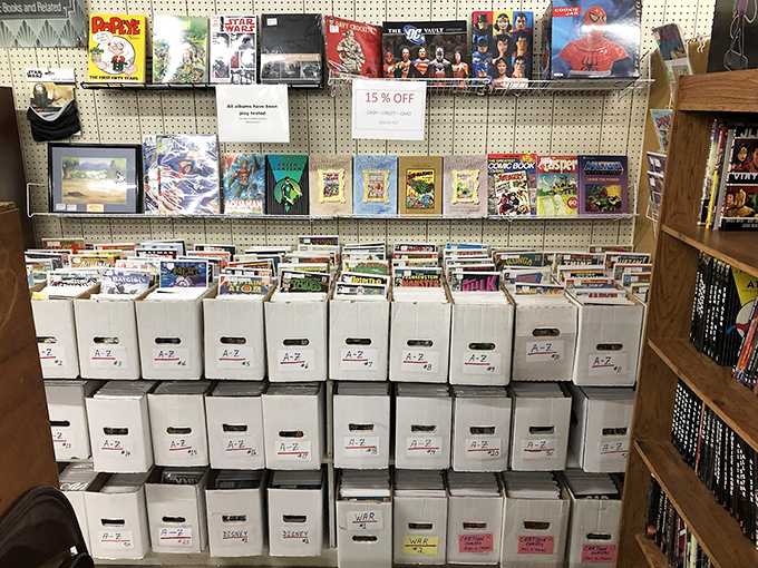 Comic books and collectibles fill organized bins, a nostalgic paradise for pop culture enthusiasts everywhere.