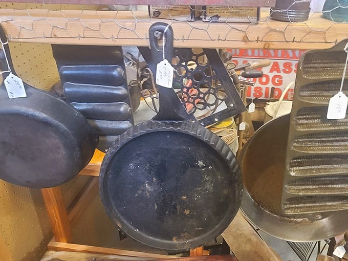 Cast iron cookware that's outlived several presidential administrations hangs ready for a new kitchen. They simply don't make them like this anymore.