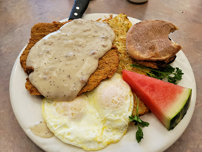 Country fried steak that could make a vegetarian weep with temptation&mdash;crispy exterior, tender interior, and gravy that should be classified as a controlled substance.