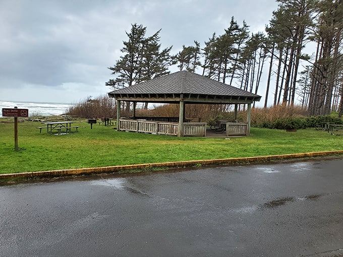 This shelter proves that sometimes the best dining room comes with an ocean view soundtrack.