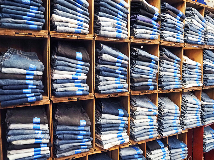 Denim heaven organized with surprising precision. Each pair of jeans represents a different chapter in America's love affair with blue jeans.