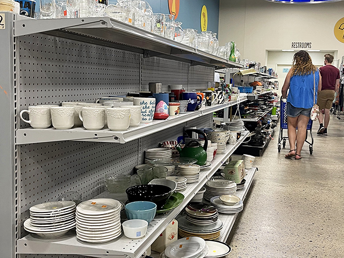 Dinnerware stacked like edible dreams waiting to happen, minus the mortgage payment usually required for new dishes.