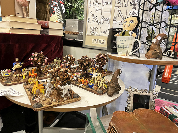 Whimsical dioramas and figurines create miniature worlds on tabletops, proving that one shopper's oddity is another's conversation piece.