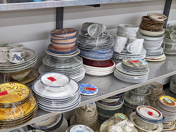 Dish paradise for the mismatched-set enthusiast! Grandma's china pattern you broke in 1992 might just be hiding in these stacks.