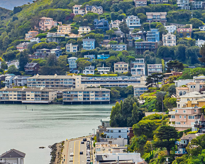The hillside architecture of Sausalito cascades toward the bay, a testament to human ingenuity and our desire for water views.