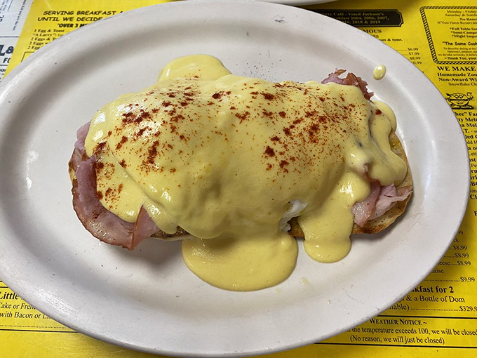 Eggs Benedict with a blanket of hollandaise that doesn't skimp on coverage. Like sunshine decided to take liquid form and settle on perfectly cooked ham.