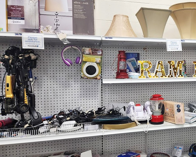 Electronic treasures and household gadgets line the shelves like an analog time capsule. One shopper's obsolete technology becomes another's vintage find.