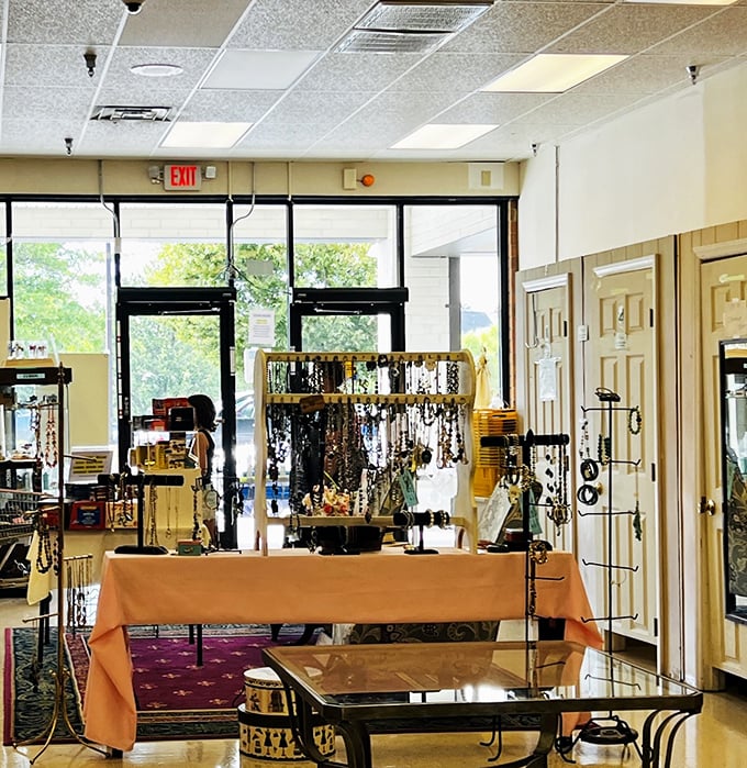 Jewelry displays glimmer near the entrance, a sparkling welcome committee of accessories waiting to find new wrists, necks, and ears to adorn.