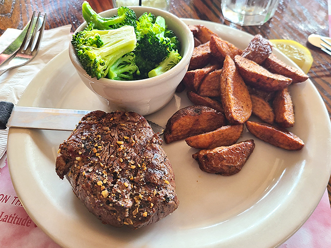 Steak that means business, potatoes that comfort, and broccoli that makes your mother proud. The holy trinity of a proper dinner.