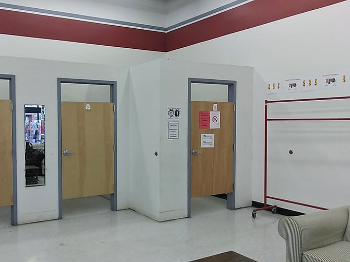 Fitting rooms: where thrift store dreams either come true or get left behind. These humble doors have witnessed countless "I can't believe this fits!" victory dances.