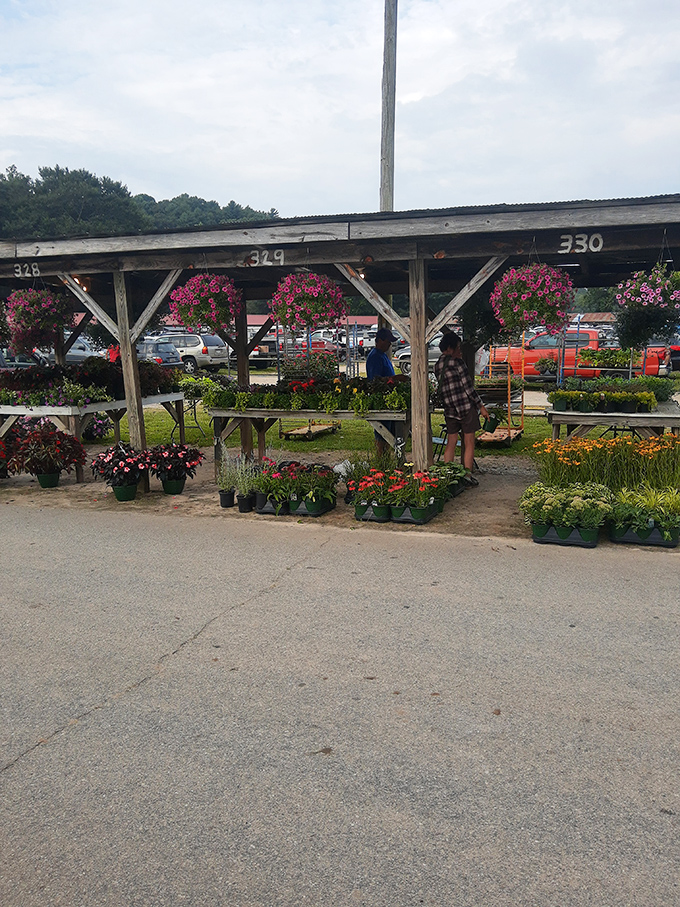 Flower power in full effect. These hanging baskets and potted blooms transform the market's utilitarian structure into a garden center worthy of Southern Living.