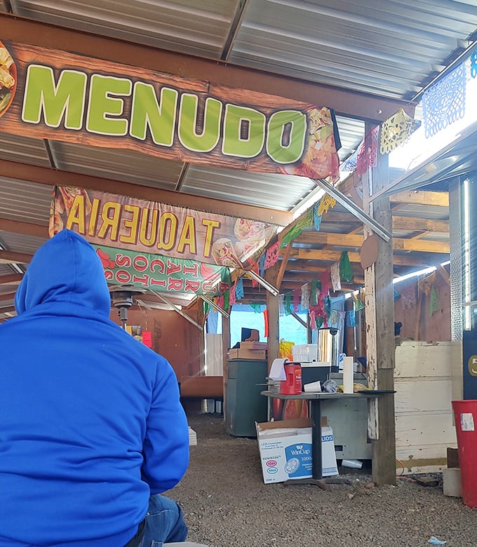 Menudo sign promises authentic flavors amid the treasure hunting. Even bargain archaeologists need to refuel for the next great find.