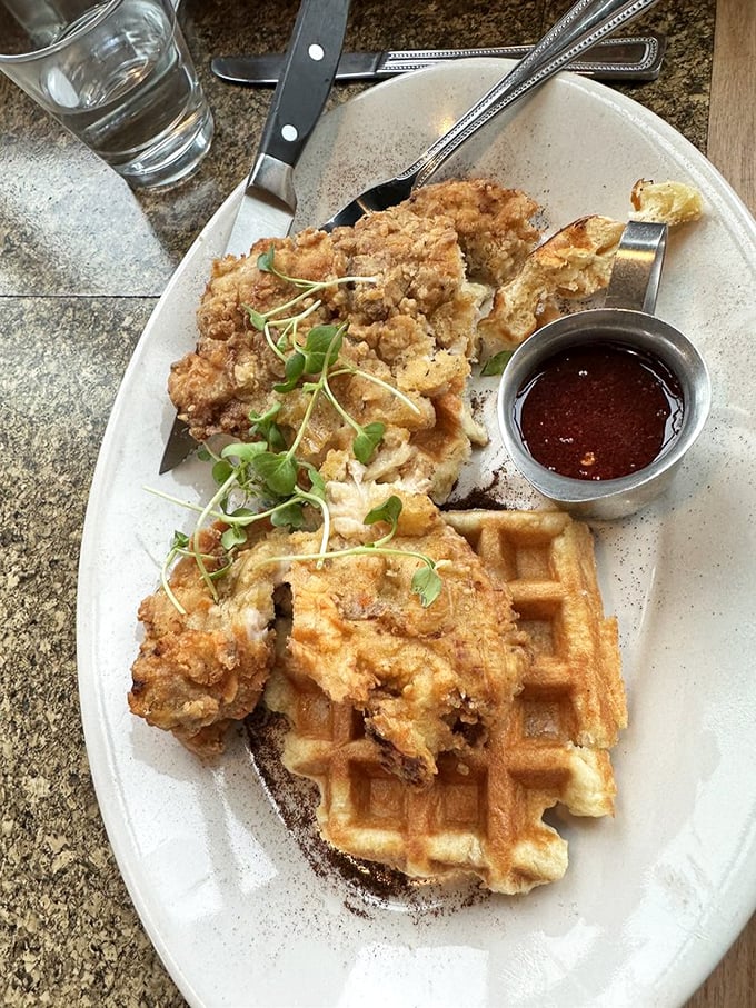 Chicken and waffles: the culinary equivalent of that unlikely friendship that somehow makes perfect sense once you experience it.