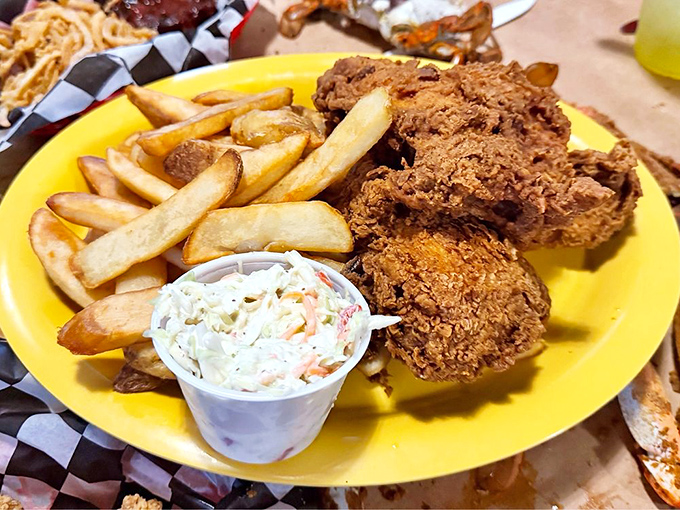 Golden-fried chicken that would make Colonel Sanders weep with jealousy. That coleslaw provides the perfect cool counterpoint to the crispy exterior.