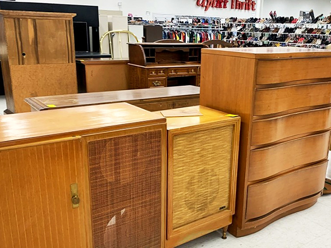Mid-century modern meets vintage charm in the furniture section. These solid wood pieces have outlasted three smartphone generations already.
