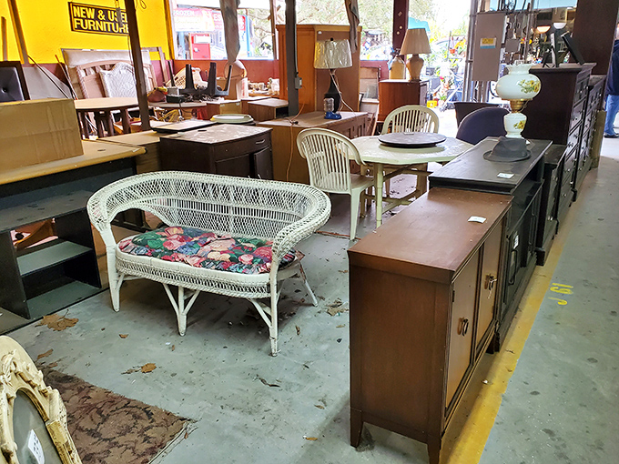 White wicker meets solid wood in this furniture section &ndash; proof that secondhand doesn't mean second-best.