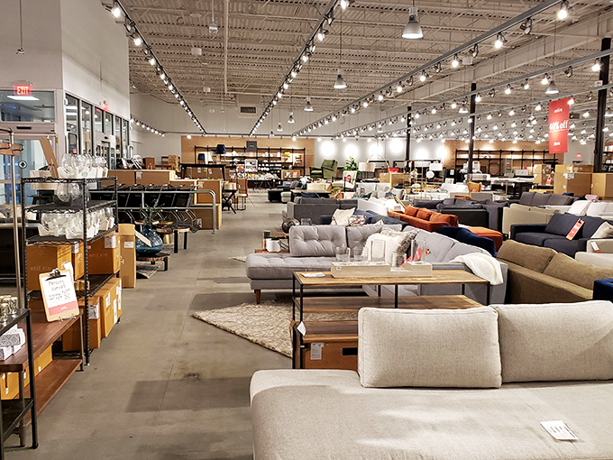 Furniture finds that whisper, "Imagine me in your living room." The warehouse-style space offers endless possibilities for home makeovers at outlet prices.