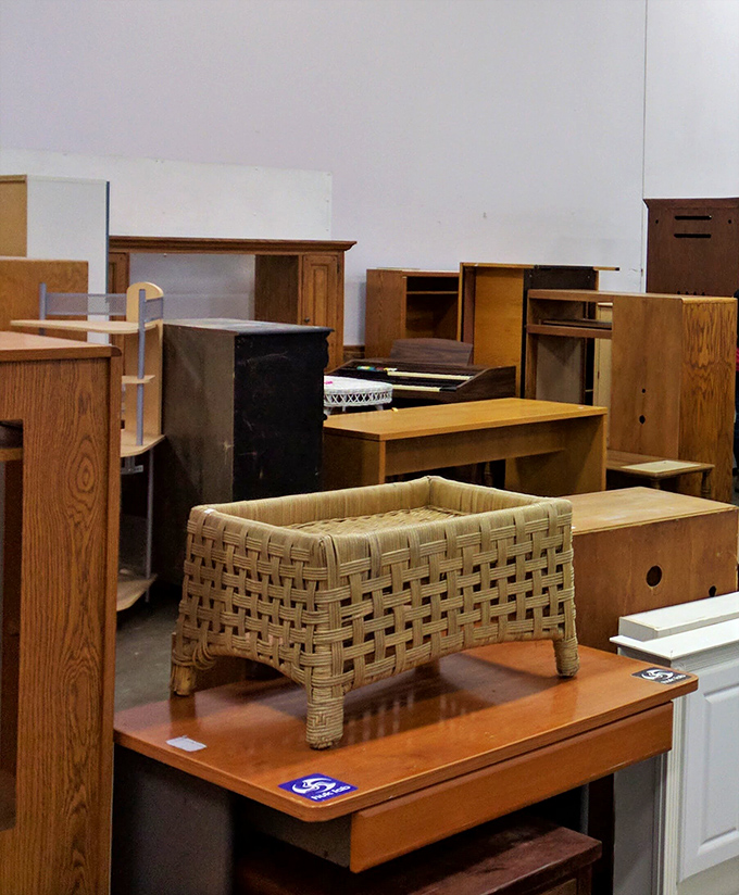 Treasure island for furniture enthusiasts! That woven basket might have held someone's mail in the 1970s, but it's ready for your modern bohemian revival. 
